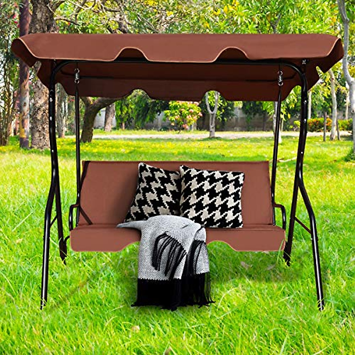 Tangkula 3 Person Porch Swing, Patio Swing with Removable Cushion & Powder-Coated Steel Frame, Outdoor Swing with Canopy for Porch, Backyard, Garden, Balcony (Coffee)