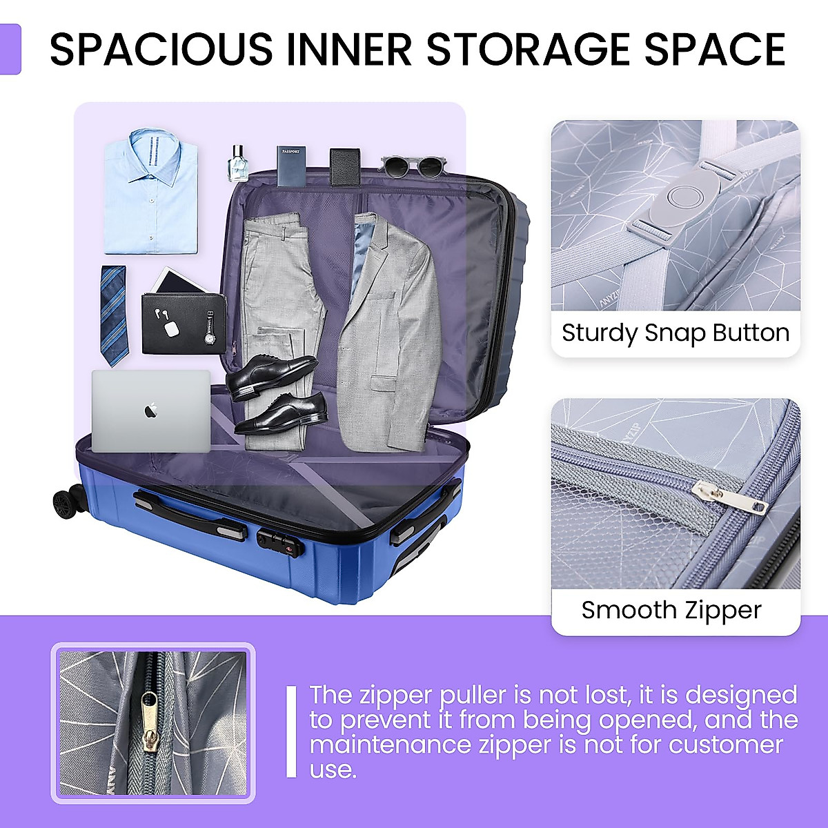 AnyZip Luggage Sets Expandable PC ABS 3 Piece Set Durable Suitcase with Spinner Wheels TSA Lock Carry On 20 24 28 Inch Blue