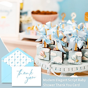 AZAZA Baby Shower Thank You Cards with Envelopes Footprint Liners, 30pcs Baby Boy Blue Thank You Cards 4x6, Thank You Note and Gold Stickers for Baby Gift Sets (Blue Envelopes & White Cards)