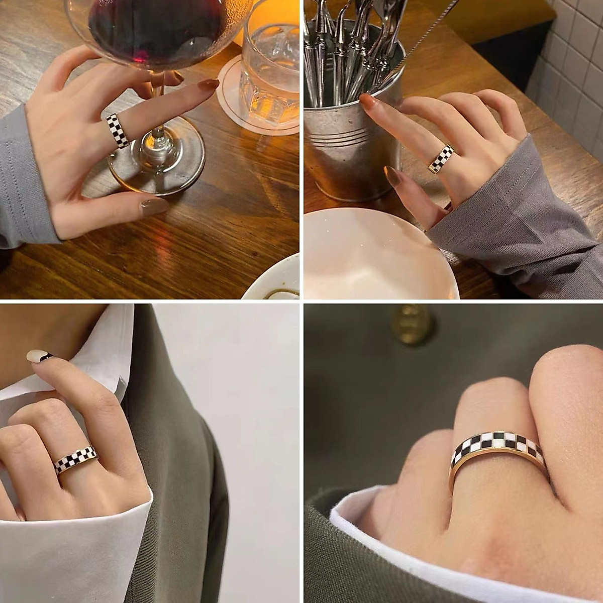 Kainier 6mm 14k Gold Plated Rings Polished Checkerboard Bands Knuckle Statement Pointer Finger Ring Comfort Fit Size 5-9