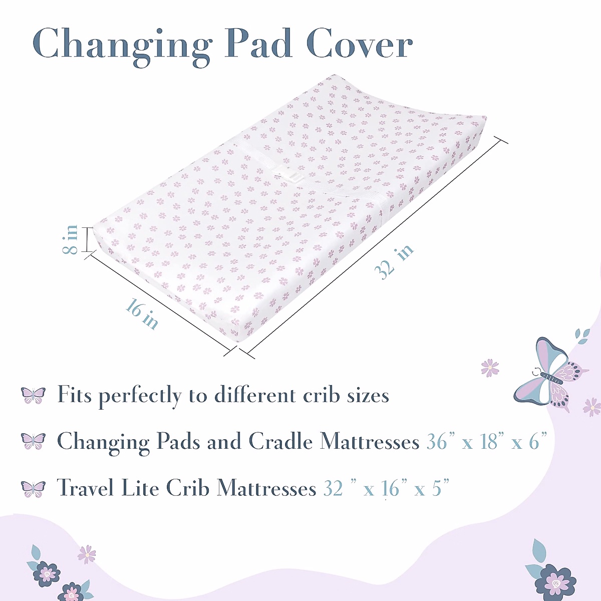 My Little Zone 100% Cotton Changing Pad Cover for Baby Girls, Floral - Breathable Bassinet, Mini Crib Mattress Fitted Sheets - Butterfly Blossom, 32"x16" with 8" Deep Pocket, White-Light Pink, 2 Pack