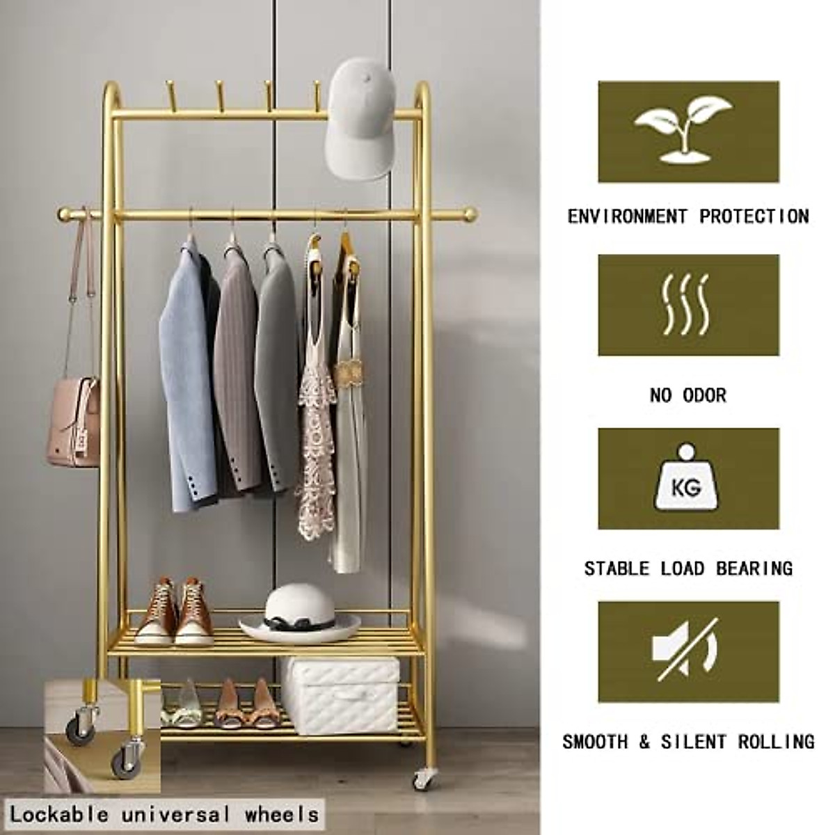 BOTAOYIYI Clothes Rack Gold, Freestanding Coat Rack Modern Rolling Garment Rack with Wheels and Bottom Shelves, Industrial Heavy Duty Pipe Clothing Rack Wardrobe Closet for Boutique Display (39.4")