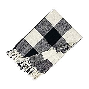 Elrene Home Fashions Farmhouse Living Buffalo Check Cozy Fringe Blanket Throw for Couch/Sofa/Bed/Everyday, Single (50 in x 60 in), Black