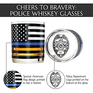 Greenline Goods Thin Blue Line Police Officer Whiskey Old Fashioned Glasses (Set of 2) - 10 oz - Classic Drinkware with Law Enforcement Flag Graphics - Shows Support for First Responders