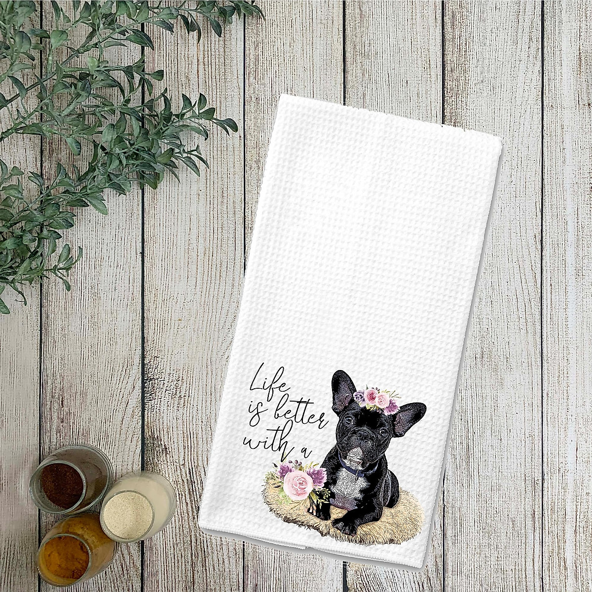 Life is Better with a Frenchie French Bulldog Waffle Microfiber Kitchen Tea Bar Towel Gift for Animal Dog Lover