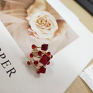 OIDIMS Big CZ Crystal Statement Wedding Ring for Women Birthstone Cubic Zirconia Balls Fashion Spring Gemstone Open Band Wrap Birthday Cocktail Party Ring Comfort Fit Dainty Jewelry Gifts(Red)