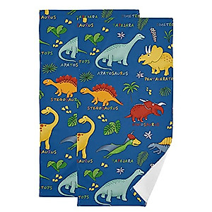 Giwawa Dinosaur Hand Towel Set of 2, Absorbent Navy Blue Dino Bath Towels Soft Cute Animal Fingertip Towel Fast Dry Terry Towel for Boys Kids Man in Bathroom Kitchen Yoga Gym Spa Decor 28.3x14.4in