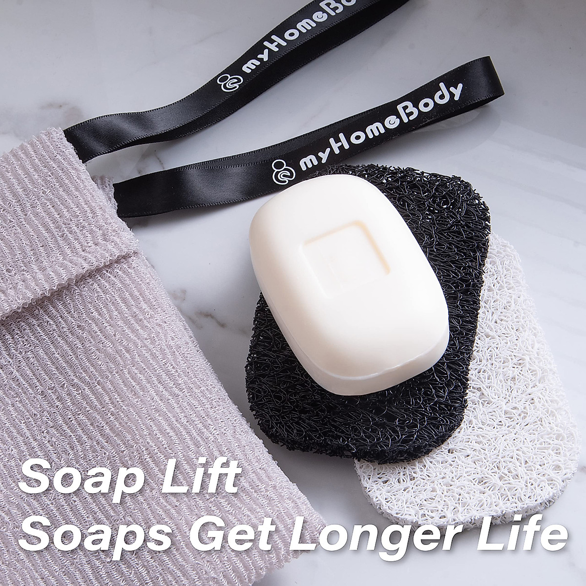 myHomeBody Soap Pocket Exfoliating Soap Saver Pouch, Body Scrubber Sponge, Exfoliator for Bath or Shower, for Large Bar Soap or Leftover Bits, White Smoke, 2 Pack + 2 Soap Lifting Pads