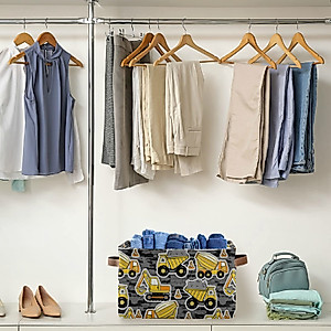 Construction Yellow Machinery with Truck Crane and Bulldozer Grey Rectangular Storage Basket Bin, Collapsible Storage Box with Leather Handles, Nursery Baskets Organizer for Kitchen, Kids Toy