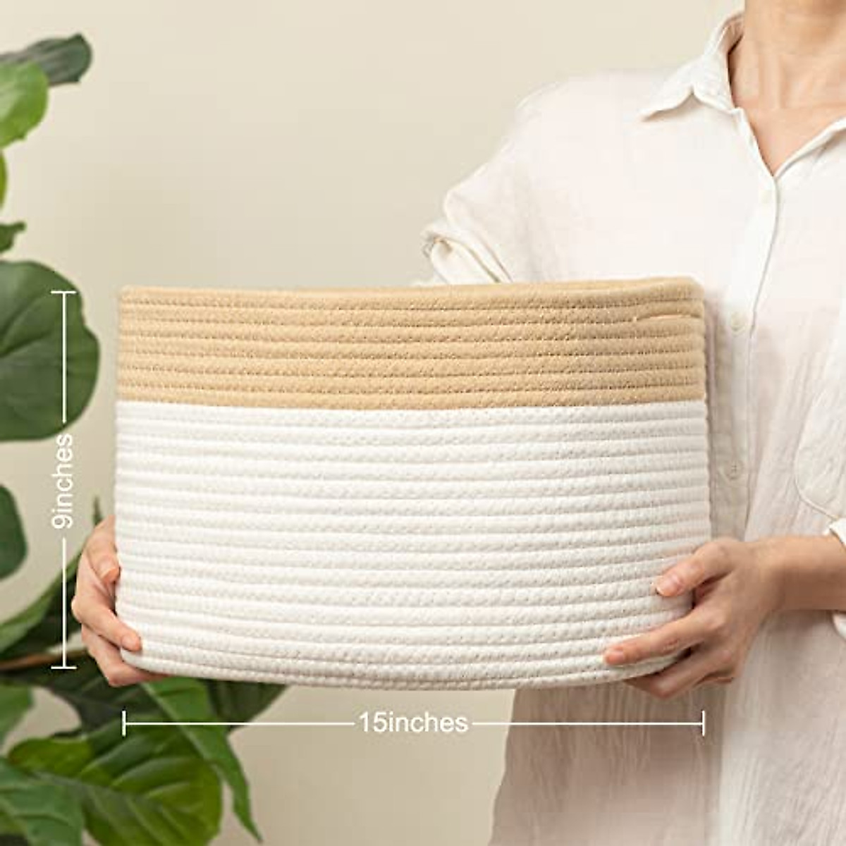 UBBCARE Set of 2 Cotton Rope Storage Baskets for shelves-15 in x 10 in x 9 in, Foldable Woven Storage Basket for Organizing,Decorative Cube Storage Bins with handles for Living Room