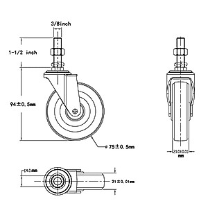 Finnhomy Caster Wheels 3 Inch Set of 4 Heavy Duty Threaded Stem Casters 3/8"-16 x 1-1/2" Swivel Rubber Industrial Castors Premium Wheels for Wire Shelving/Furniture/Carts Load Bearing 720 Lbs Gray