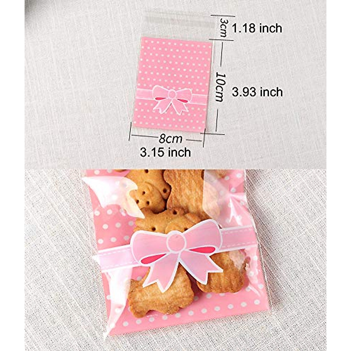 NUOMI 200Pcs Self Adhesive Cellophane Bags, Resealable Cookie Treat Bags for Gift Giving, 3.9"x3.1" Poly Bags Good for Bakery Candle Soap Candy, Pink&Green Polka Dots with Bow Decoration