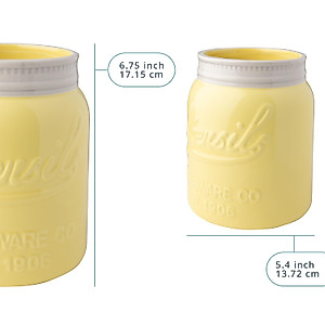 Wide Mouth Mason Jar Utensil Holder Decorative Kitchenware Organizer Crock, Chip Resistant Ceramic, Dishwasher Safe - Kitchen Caddy Green, Large Size 7" High - Yellow