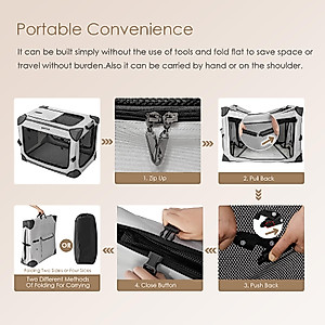 EHEYCIGA Portable Dog Travel Crate 42 Inches, Collapsible Dog Crate for Extra Large Dogs, Soft Foldable Dog Kennel with 4-Door Mesh Windows Indoor & Outside, Grey