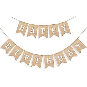 Uniwish Happy Birthday Banner for Birthday Party Decorations, Rustic Burlap Bunting Swallowtail Flags, 2 in 1