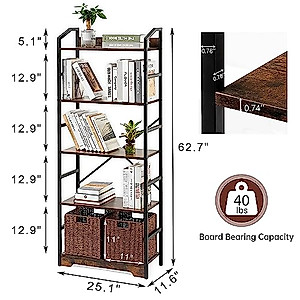 Vagusicc 5 Tier Bookshelf with 2 Storage Baskets, Tall Bookcase Shelf Storage Organizer Wood Book Shelf, Modern Shelf Rack Shelves with Steel Frame, Multipurpose Bookshelf for Bedroom Living Room