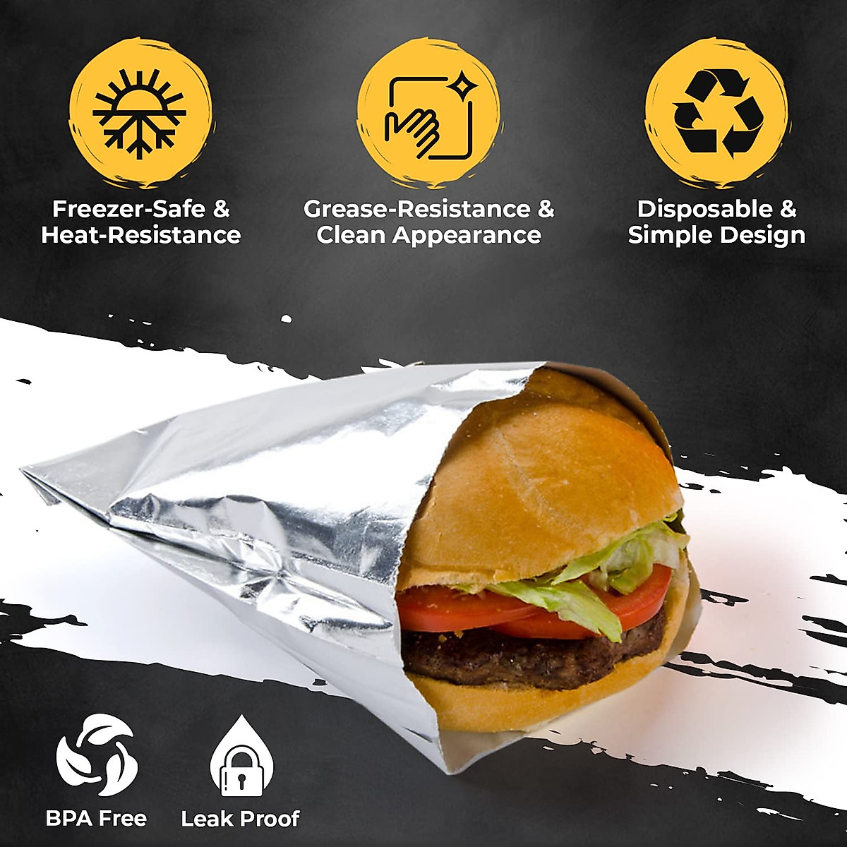 C&S Event Supply Co. Aluminum Foil Hamburger Sleeves - Water and Grease Resistance Sandwich Bags - BPA Free Burger Wrappers for Panini's, Pita Pockets, and Hot Sandwich (50, Silver)