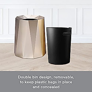 Luxurious Nordic Trash Can - Open Top Geometric Garbage Can - Double Barrel Trash Bin - Waste Basket w/Removable Plastic Bin - Living Room, Bedroom, Bathroom Trash Can - 8L/2.1Gal Garbage Bin, Gold