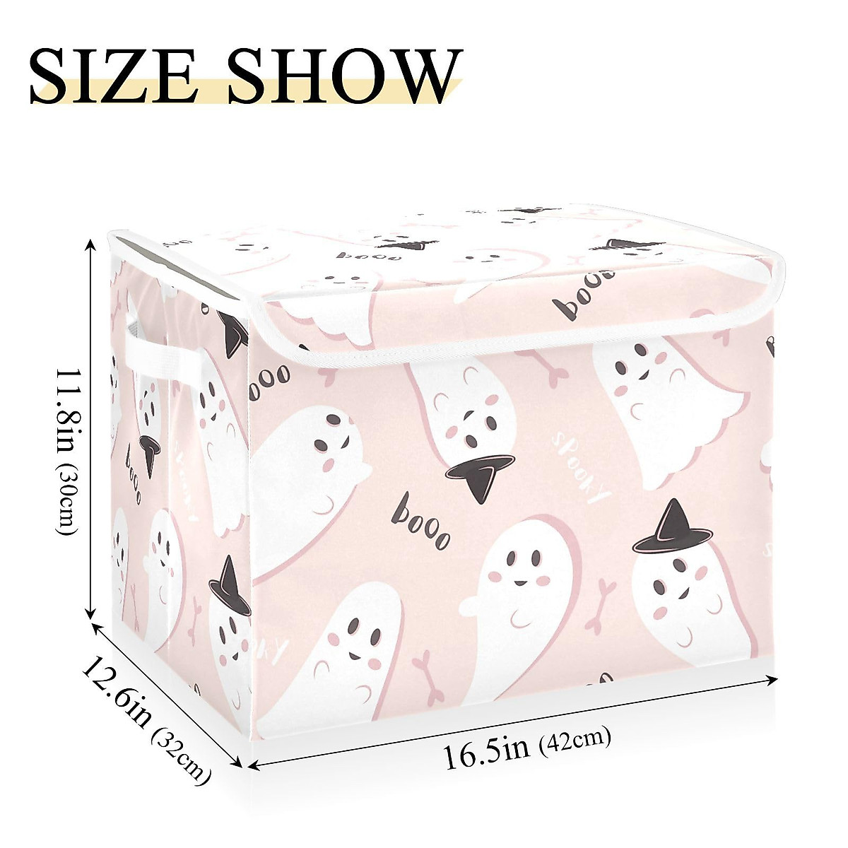VIGTRO Cute Spooky Ghost Storage Bins with Lids Foldable Storage Boxes with 2 Handles, Pink Boo Halloween Decorative Storage Basket Collapsible for Clothes Books
