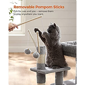 Feandrea Cat Tree, Small Cat Tower with Padded Perch, Cat Cave, 3 Pompoms, Cat Activity Center, Light Gray UPCT121W01