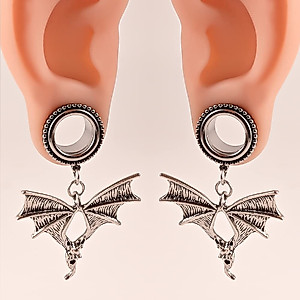 Atomhole 2 PCS Bat Dangle Ear Gauges Hypoallergenic Ear Plugs Tunnels 316 Stainless Steel Ear Expander Stretcher Piercing Body Jewelry Pair Selling 2g 0g (8mm(0G), Silver)
