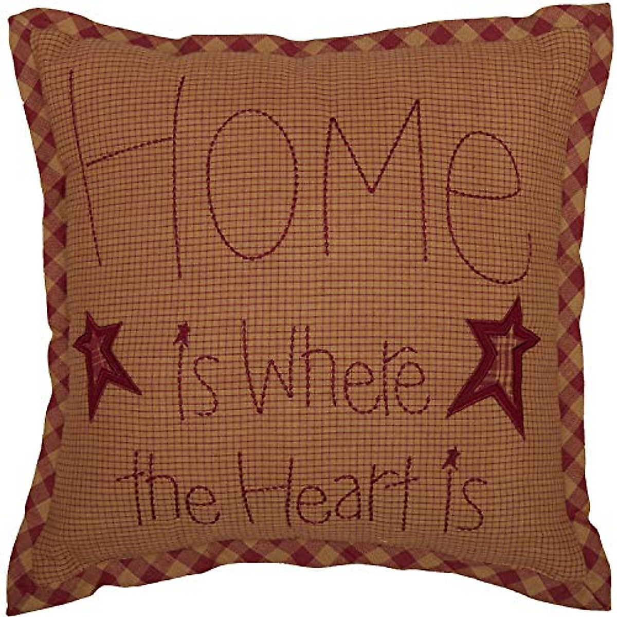 VHC Brands Ninepatch Star Home Text Cotton Primitive Bedding Embroidered Square Pillow, 1 Count (Pack of 1), Burgundy Red
