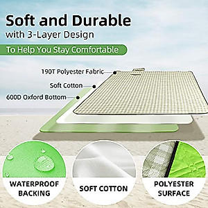 ZAZE Extra Large Picnic Outdoor Blanket, 80''x80'' Waterproof Foldable Blankets Gingham Picnic Mat for Beach, Camping on Grass Picnic Blankets (Green and White)