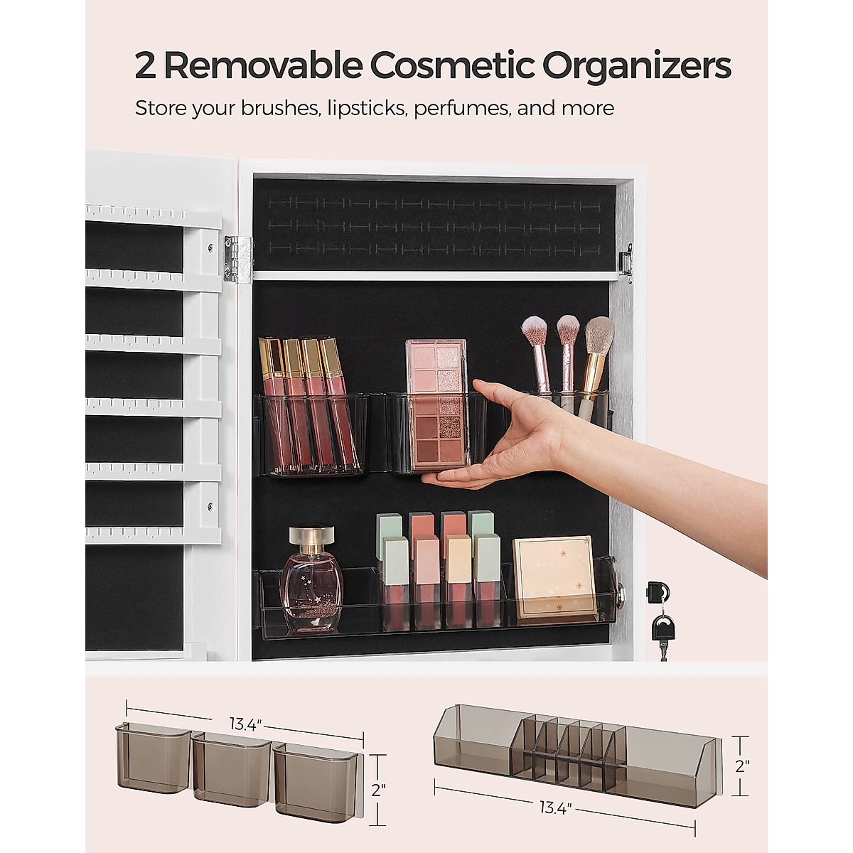 SONGMICS Jewelry Cabinet Armoire, Lockable Wall-Mounted Organizer Unit with 2 Plastic Cosmetic Storage Trays, Full-Length Frameless Mirror, White UJJC001W01