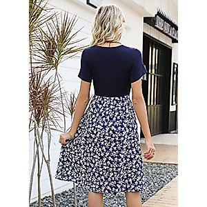 Berydress Knee Length Dress for Women Summer Casual Short Sleeve Modest A-Line Belt Party Work Dress with Pockets (S, 6188-Navy Floral)