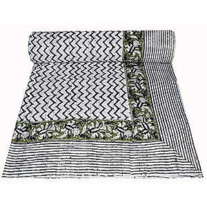 MAVISS HOMES Indian Hand Block Printed Queen Kantha Quilt | Pure Cotton Vintage Kantha Throw Blanket |Traditional Print | Super Soft Cozy Vibe Blanket; White