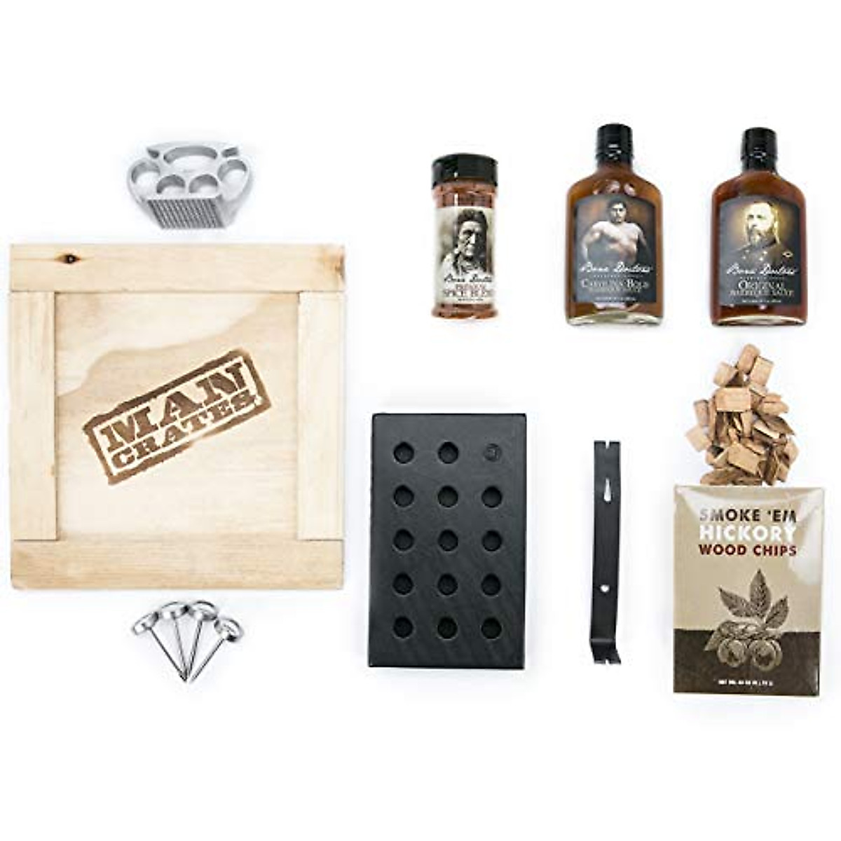 Man Crates Grill Master Crate with Wood Chips, Smoker Box, Sauce and Tenderizer – Great Gifts for Men