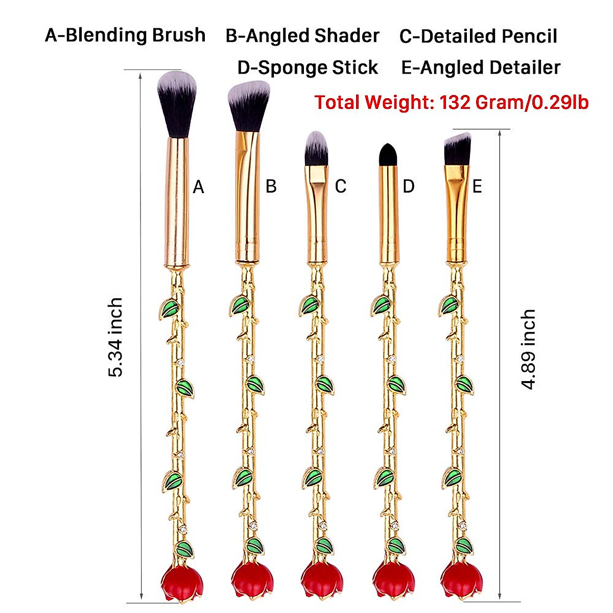 Rose Eye Makeup Brush Set - 5pcs Wand Makeup Brushes with Soft Synthetic Fiber and Metallic Handle for Eyebrow, Eyeshadow, Foundation, Blending and Lips, Great Gift for Sister Girlfriend, Gold