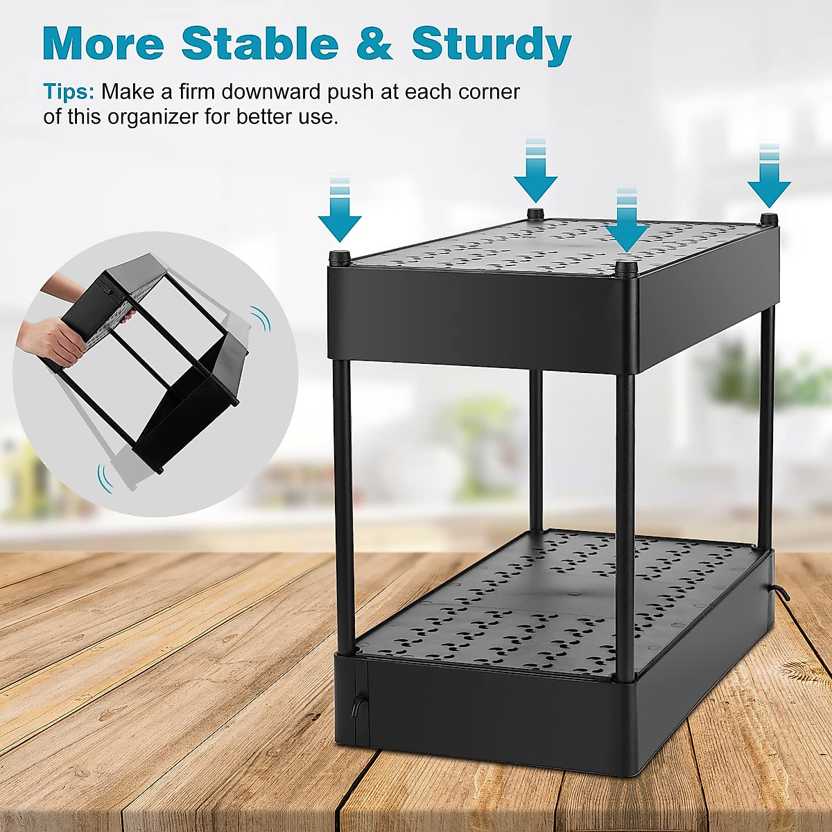 BlumWay 2 Pack Under Sink Organizers and Storage, 2 Tier Sliding Bathroom Cabinet Organizer, Multi-purpose Under Kitchen Sink Shelf with Hooks, for Bathroom/Kitchen Countertop