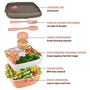 GREENRAIN Salad Lunch Container To Go - 40-oz Salad Bowl with 5-Compartments Bento Style Tray, BPA-Free Leak-Proof Lunch Box with Reusable Fork Spoon and Sauce Container for Food Snack (Pink)