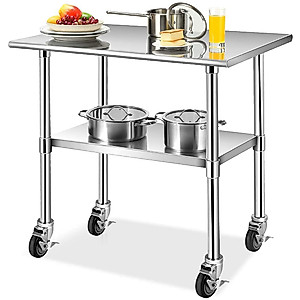 MySit 4 inch Work Table Caster Wheels for Commercial Kitchen Prep Tables, Expanding Stem Casters Set of 4 with Locking Brakes Fit Both 1-1/2" and 1-5/8" Leg Tube Adapter for Stainless Steel Worktable