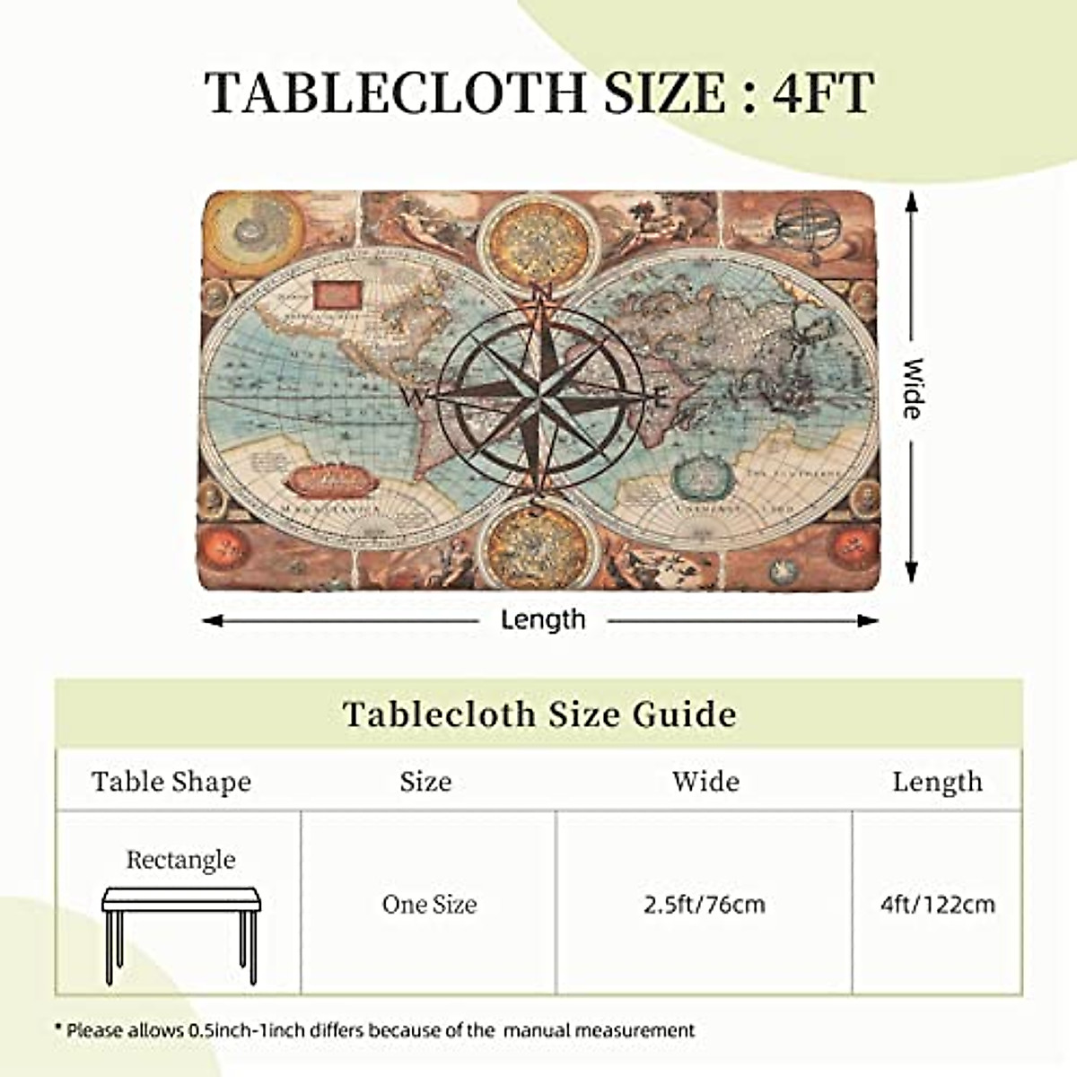 WILL BUDXEG Nautical Map World Compass Rose Travel Tablecloth with Elastic for 4ft 30''X48'' Rectangle Folding Table, Wipeable Table Cover for Picnics Outdoor Party