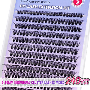 DIY Lash Extension Kit, 240pcs Eyelash Extension Kit Individual Cluster Lashes Extension DD Curly Lashes with Lash Bond and Seal at Home Lash Extensions Kit for Self Application (30p, 8-16mm)
