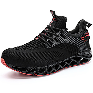 FRSHANIAH Steel Toe Shoes for Men Indestructible Work Sneakers Puncture Proof Slip On Safety Shoes for Industrial Coustruction Black Red Size 11