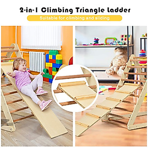 HONEY JOY Triangle Climber with Ramp, 2-in-1 Indoor Toddler Climbing Triangle Set with Ladder & Slide, Foldable Wooden Kids Climbing Toys for Playground, Gym & Daycare, Gift for Boys Girls (Natural)