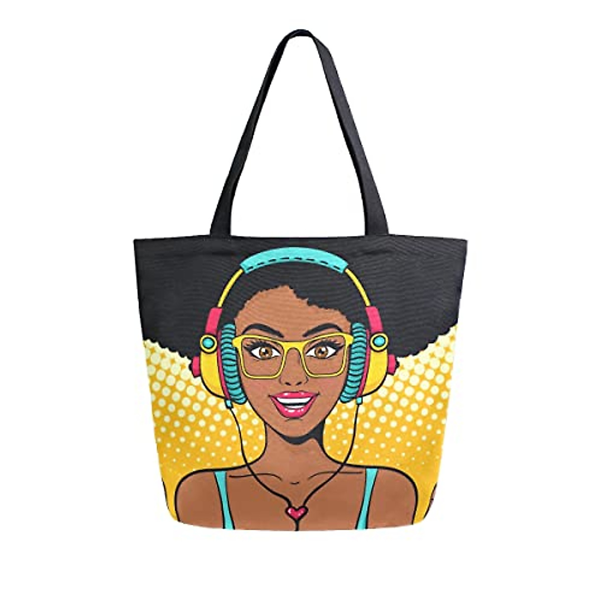 ALAZA African American Woman Music Large Canvas Tote Bag Shopping Shoulder Handbag with Small Zippered Pocket
