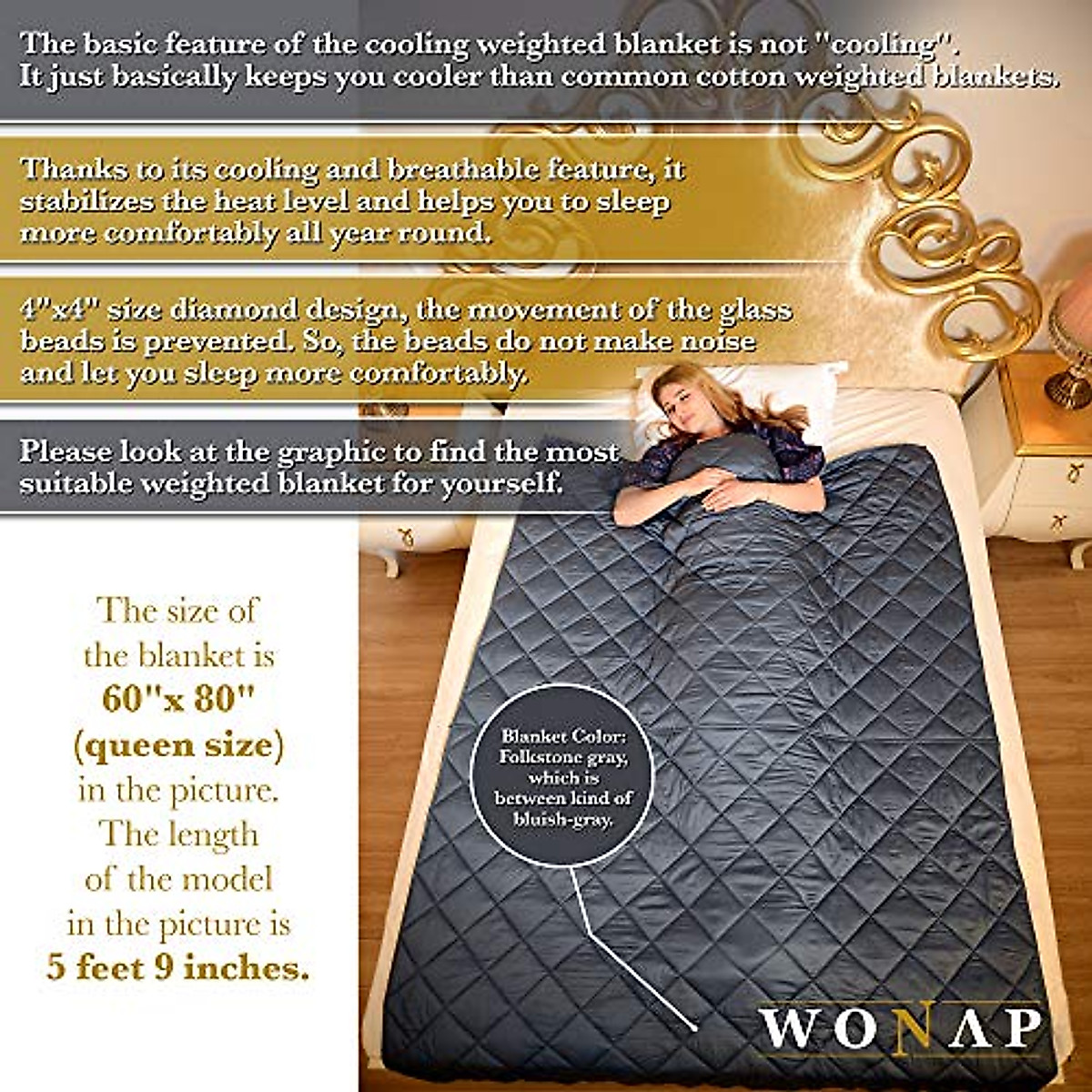 WONAP Bamboo Weighted Blanket | 100% Natural Bamboo Cooling with Premium Glass Beads | 15 lbs | 60"x80" Queen Size | for Adult and Kids | Heavy Blanket | Folkstone Grey