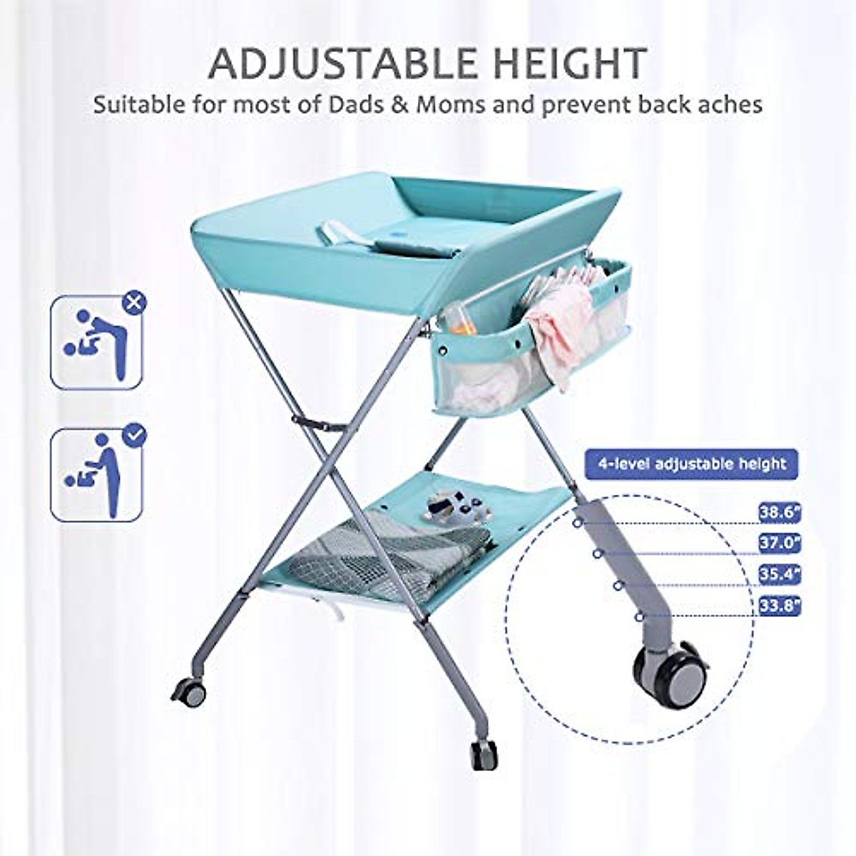 EGREE Baby Portable Folding Diaper Changing Station with Wheels, Adjustable Height Mobile Nursery Organizer with Safety Belt & Large Storage Racks for Newborn & Infant, Green 1 Count (Pack of 1)