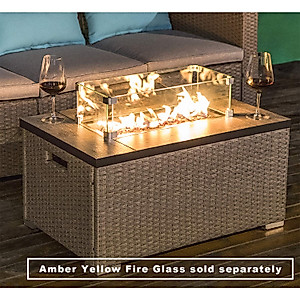 COSIEST Outdoor Propane Fire Pit 32-inch x 20-inch Rectangle Brownish Gray Wicker Fire Table(40,000 BTU), Glass Wind Guard, Free Lava Rocks and Waterproof Cover, Fits 20lb Tank Outside