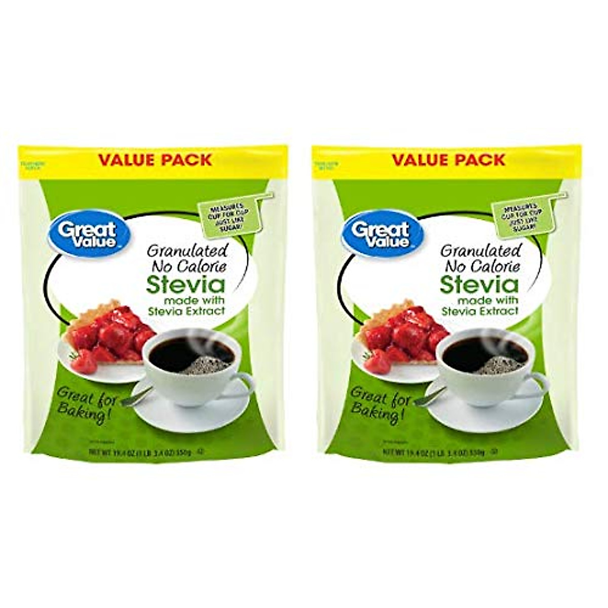 Great Value Granulated No Calorie Stevia Sweetener, 19.4oz Resealable Pouch (Pack of 2)