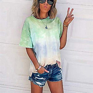 Womens Tie Dye Shirts Summer Short Sleeve Graphic Tee Casual Loose Summer Tops Crewneck Gradient Shirt Plus Size.S-5XL Green