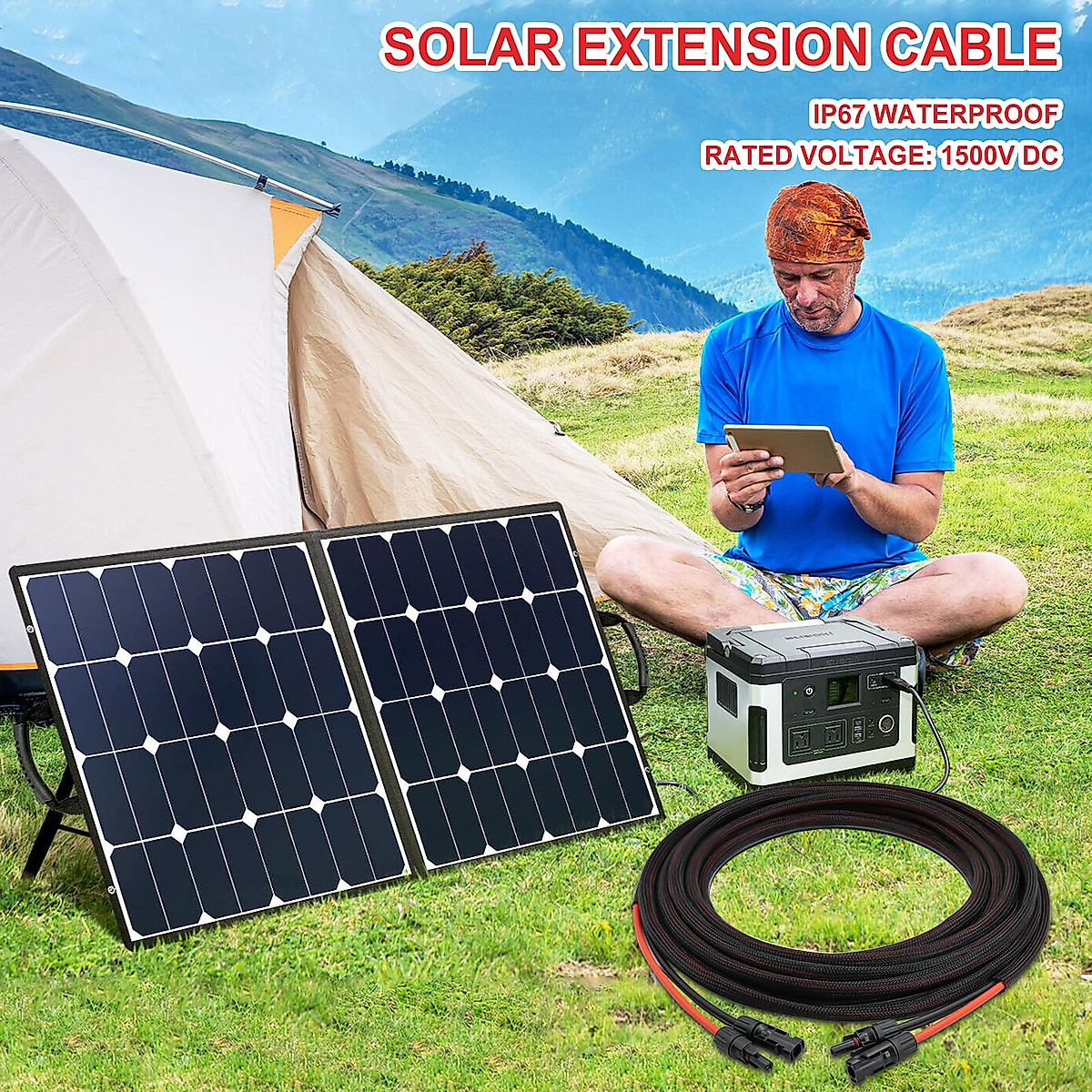 Feotech Twin Wire 75FT Solar Extension Cable - 10AWG(6mm²) Solar Panel Connector, with 6 Pairs-IP67-Male/Female Solar connectors for Outdoor Automotive RV Boat Marine Solar Panel- Black & Red