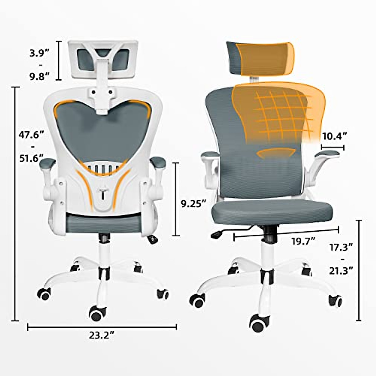 MUZII Office Chair with Headrest, Mesh Office Chair, Ergonomic Mesh Office Chair with Lumbar Support, Desk Chair with Wheels, Task Chair with Arms Executive Office Chair for Home Office, Grey