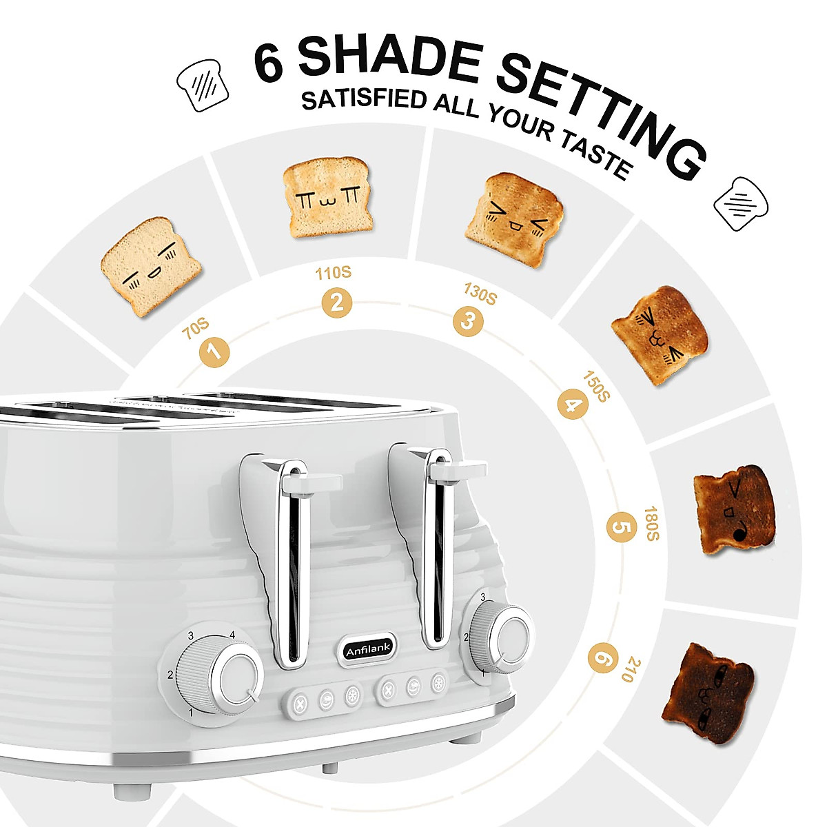 Anfilank 4-Slice Toaster, Retro Toaster with Long Extra-Wide Slots and Removable Tray, Cancel/Bagel/Reheat Function, 6 Shape Options, BPA free(Grey)