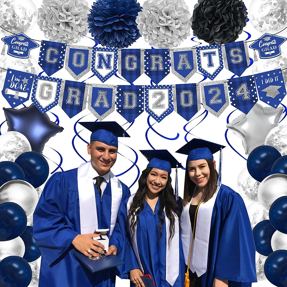 2024 Graduation Party Decorations Green White Gold Graduation Party Decorations Kit-Class of 2024 Congrats Grad Banners, Paper Pompoms,Foil Balloons for 2024 Green White Gold Graduation Party Supplies