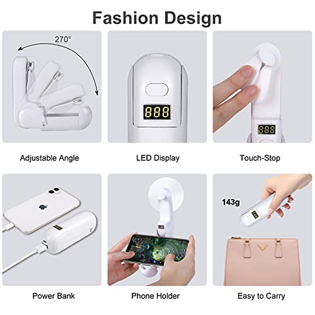 Nogegra Handheld Fan, Mini Fan Portable USB Rechargeable Small Pocket Fan, 3 IN 1 Small Personal Fan Battery Operated, Foldable Desk Travel Fan for Outdoor, Travel, Kids, Women, White